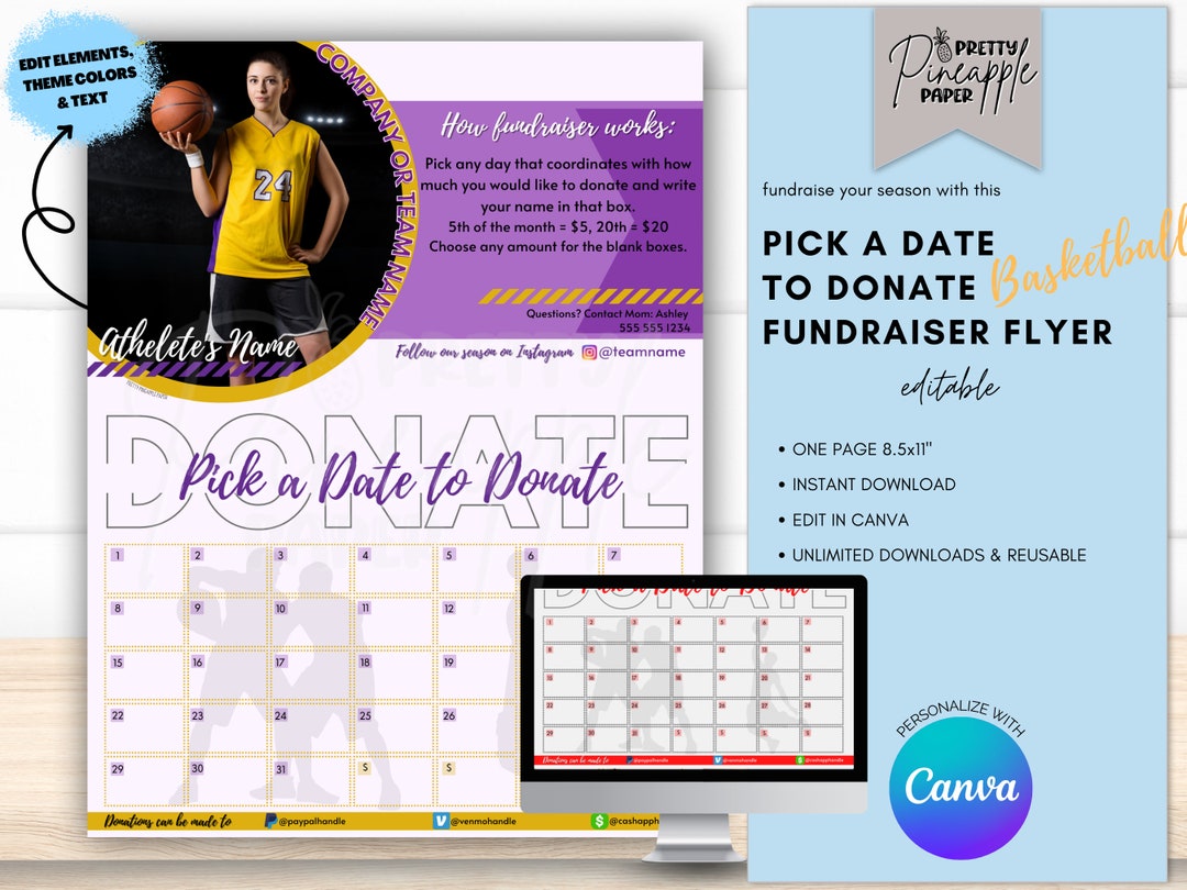 Editable Basektball - Calendar Fundraiser Template, Pick a Date to ...