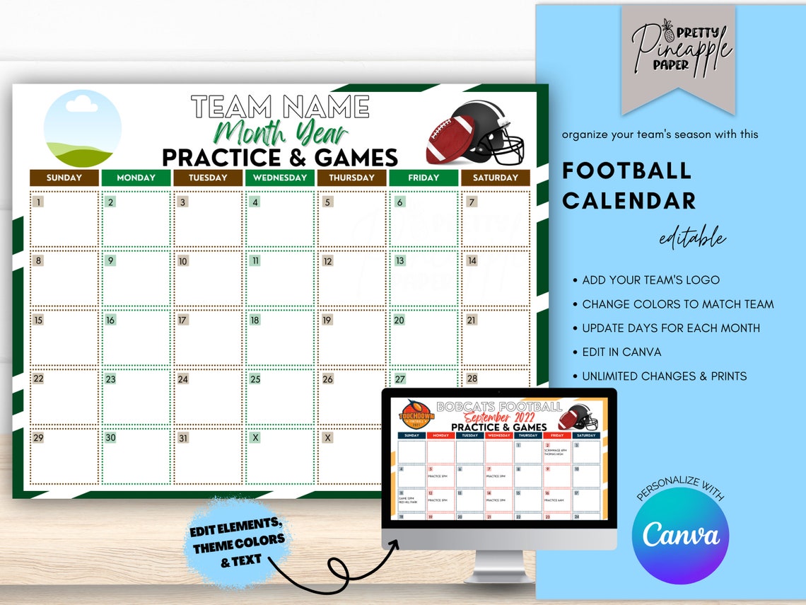 Editable Football Calendar Template, Instant Download Practice and ...