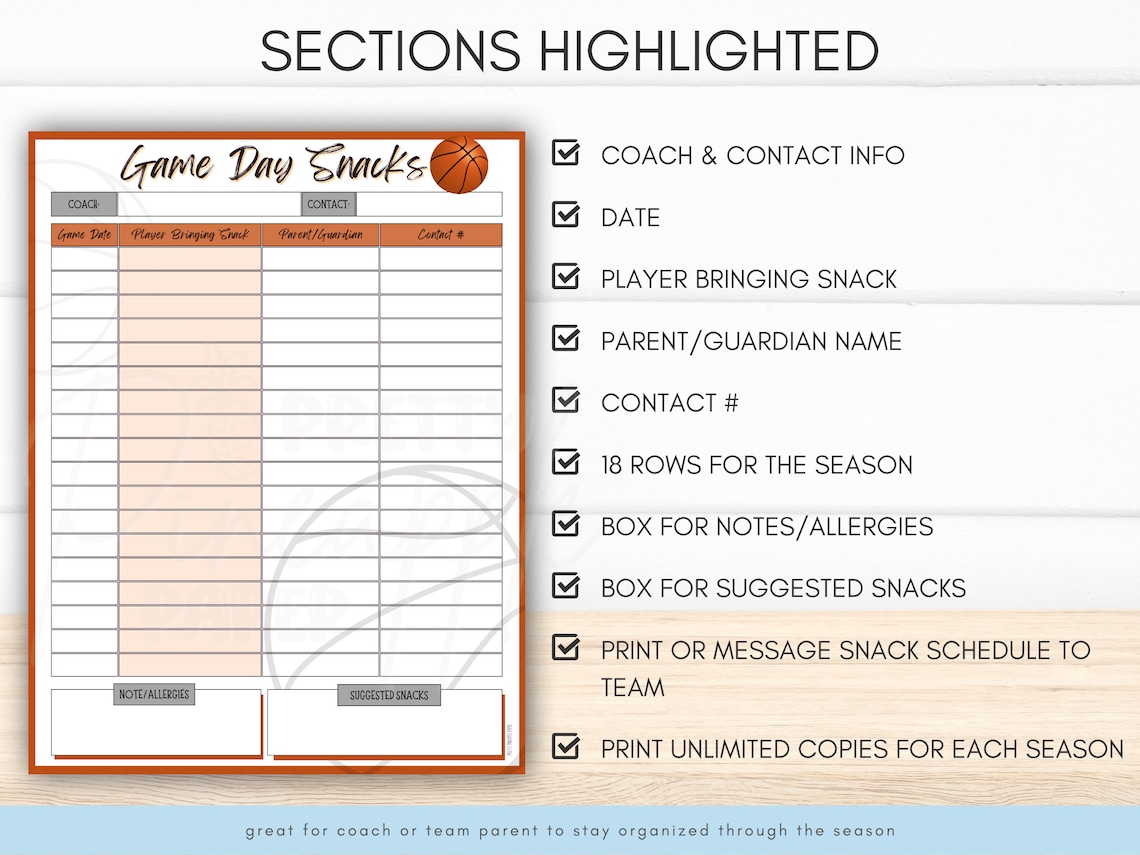 Editable Basketball Game Day Snack Schedule Template. Instant Download ...