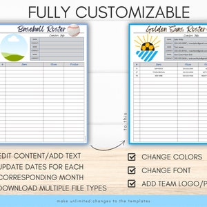 Editable Baseball Roster Template, Game Day Team Info, Coach Planner ...