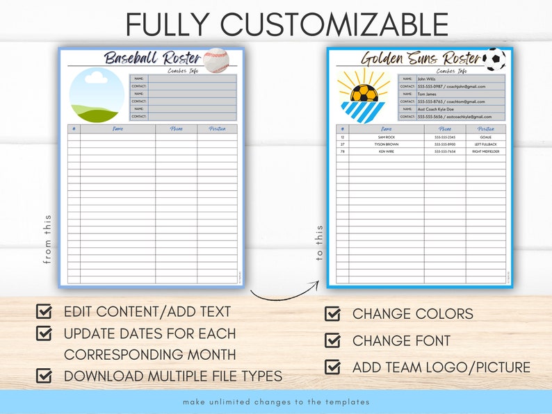 Editable Baseball Roster Template, Game Day Team Info, Coach Planner ...