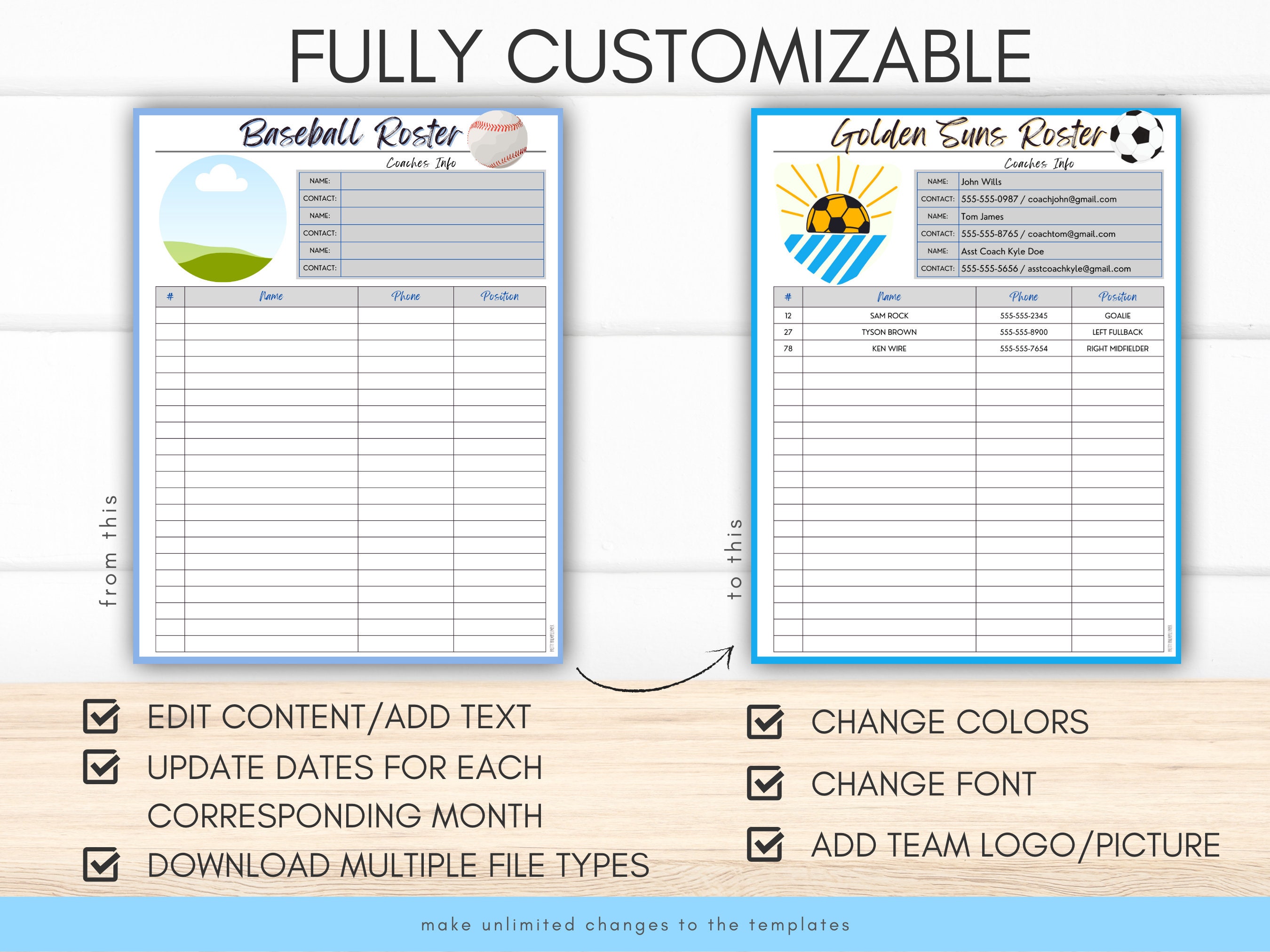 Editable Baseball Roster Template, Game Day Team Info, Coach Planner ...