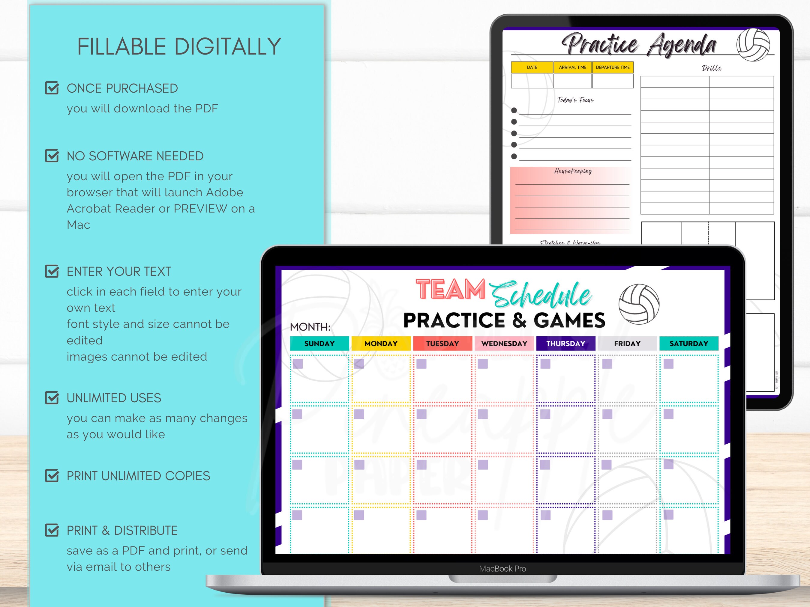 Fillable Printable Volleyball Planner for Coach, Captain and Team, Game ...