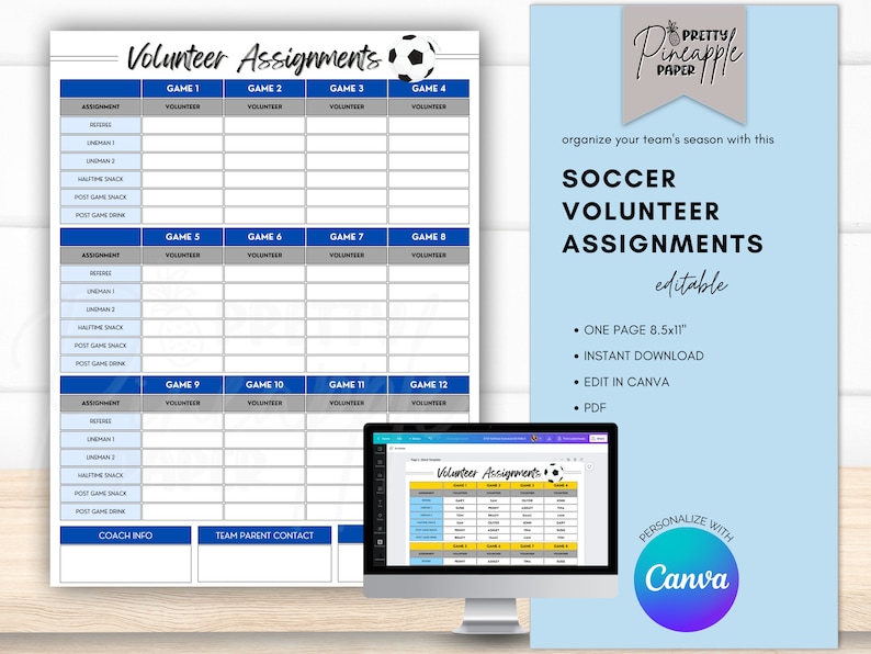 Editable Soccer Volunteer Assignment Template, Game Info, Coach Planner ...