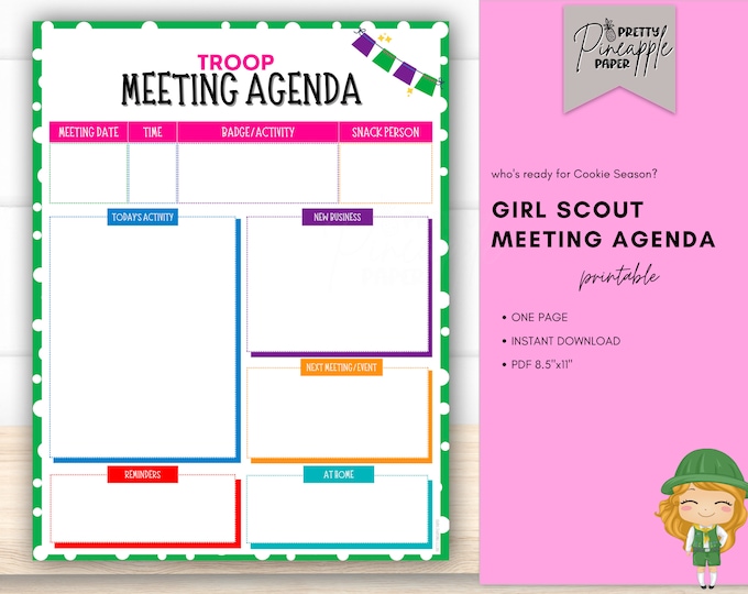 Printable Girl Scout Troop Meeting Agenda Template, Meeting Notes ...