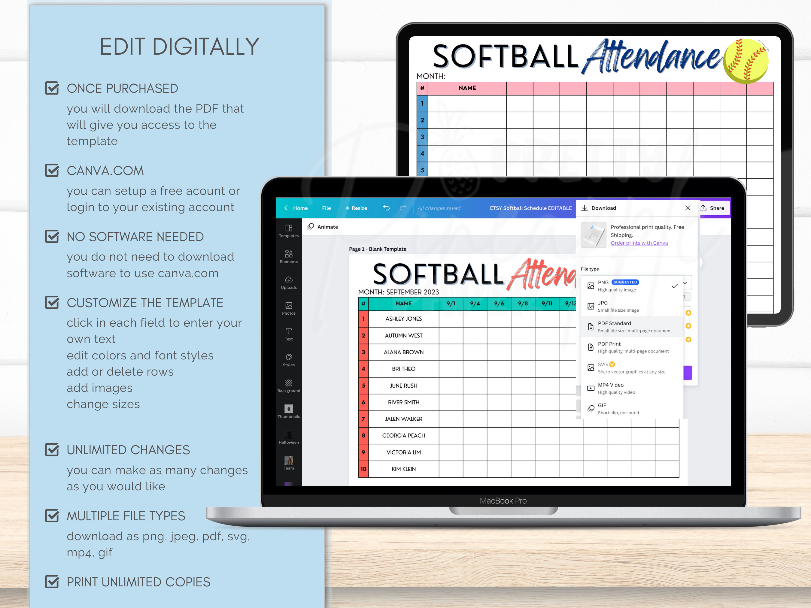 Editable Softball Attendance Template, Instant Digital Download, Edit ...