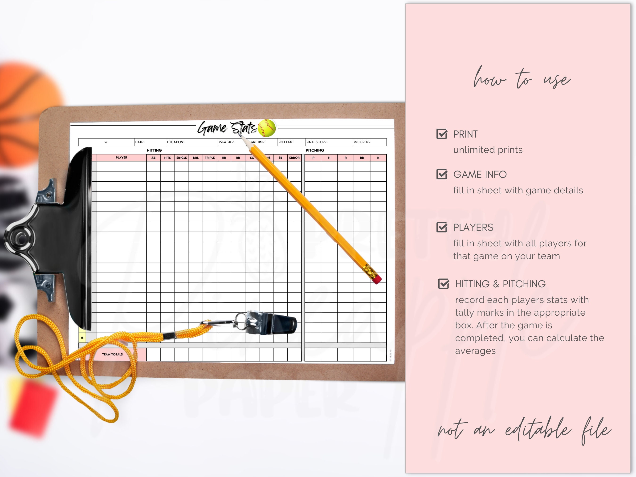 Printable Softball Game Stats, Instant Download Template, Sports ...