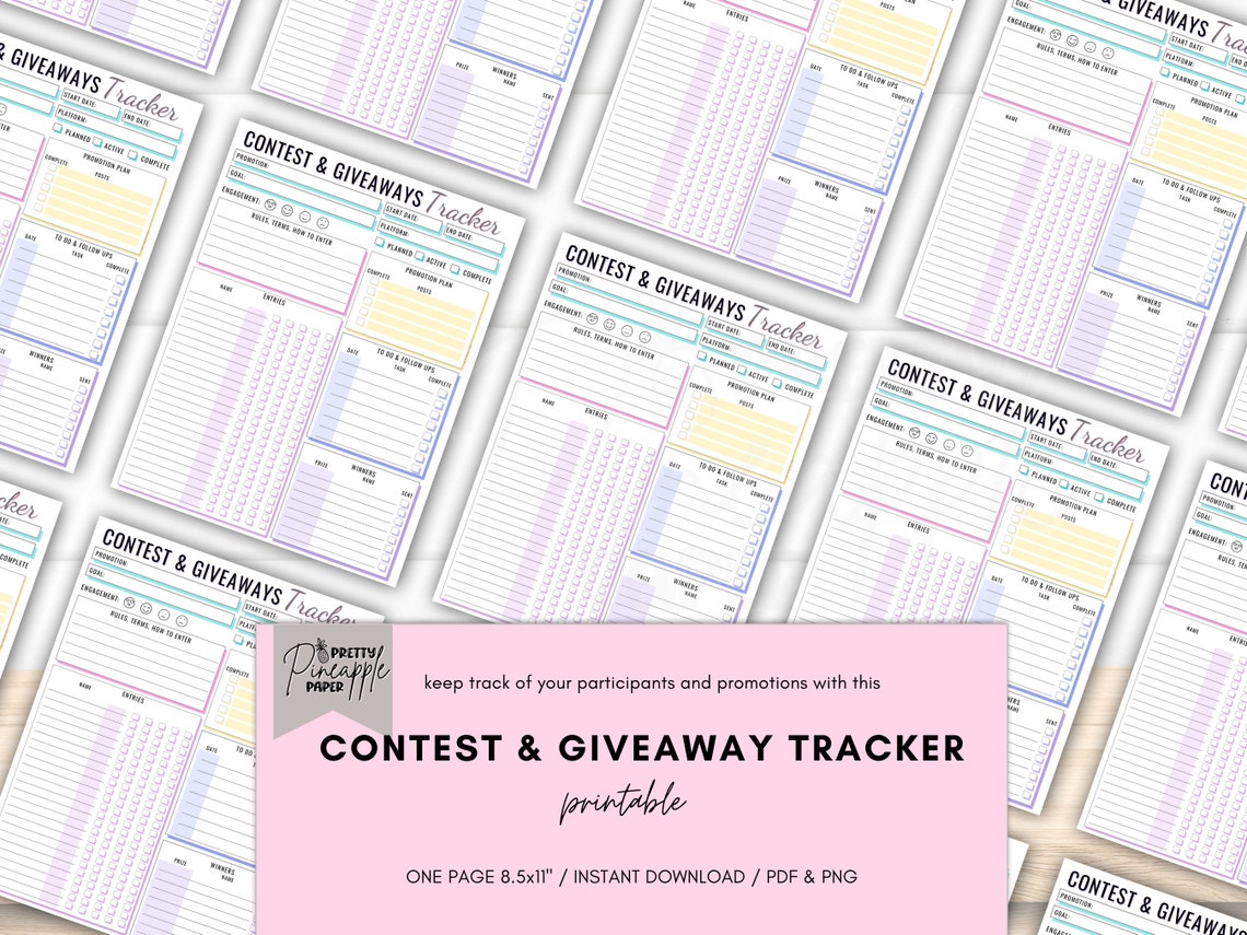 Printable Contest and Giveaway Tracker Planner Sheet, Instant Digital ...