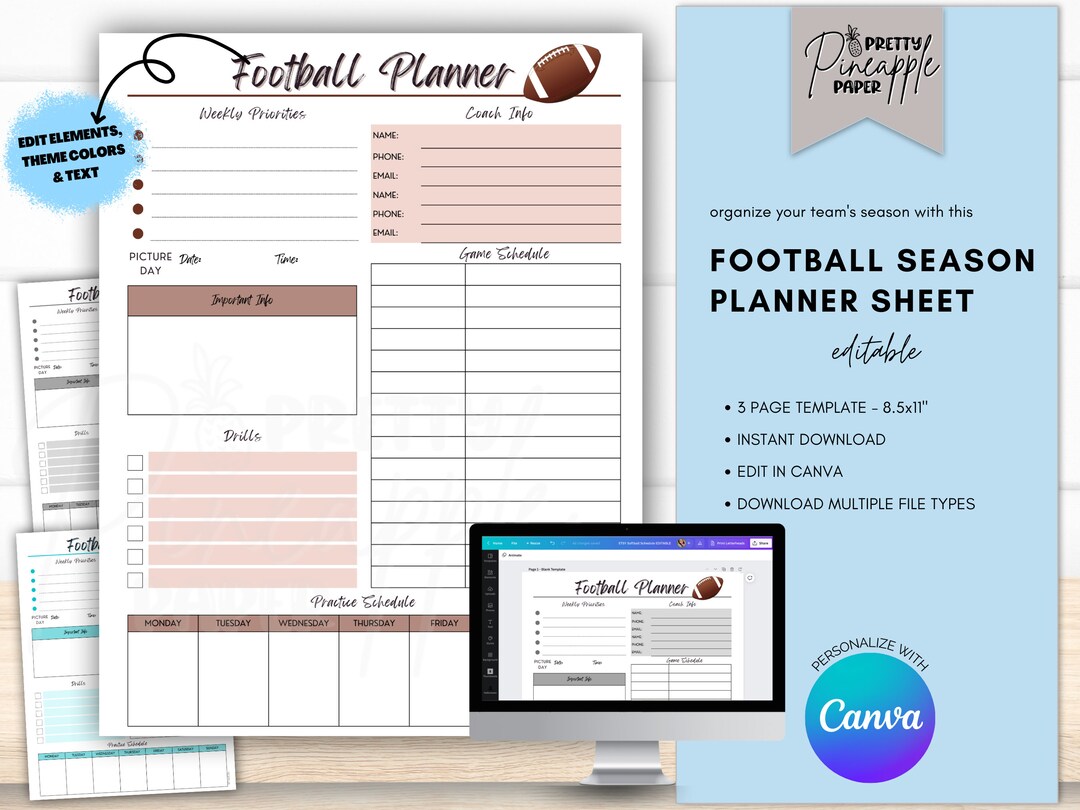Editable Football Season Planner Sheet Printable, Instant Digital ...