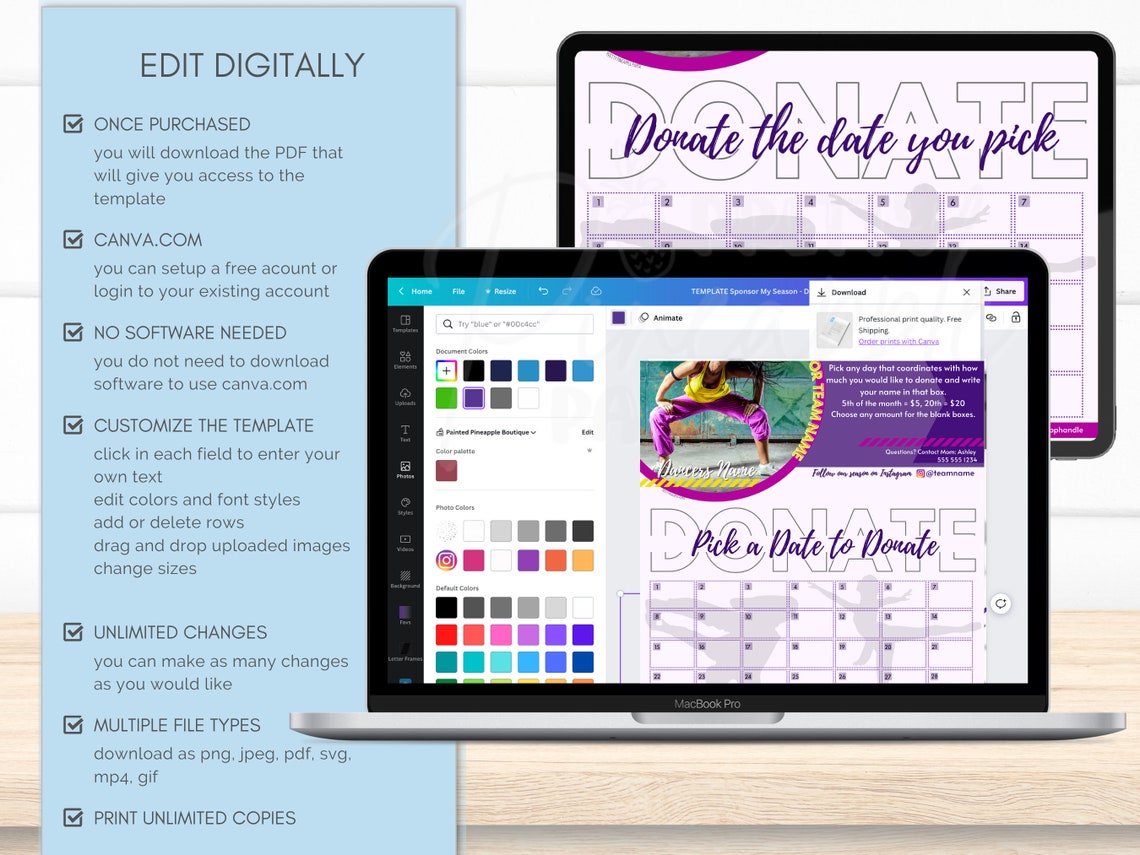 Editable Dancer - Calendar Fundraiser Template, Pick a Date to Donate ...