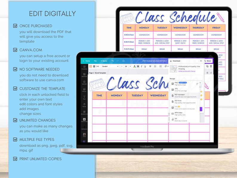 Editable School Class Schedule Planner Template, Instant Digital ...