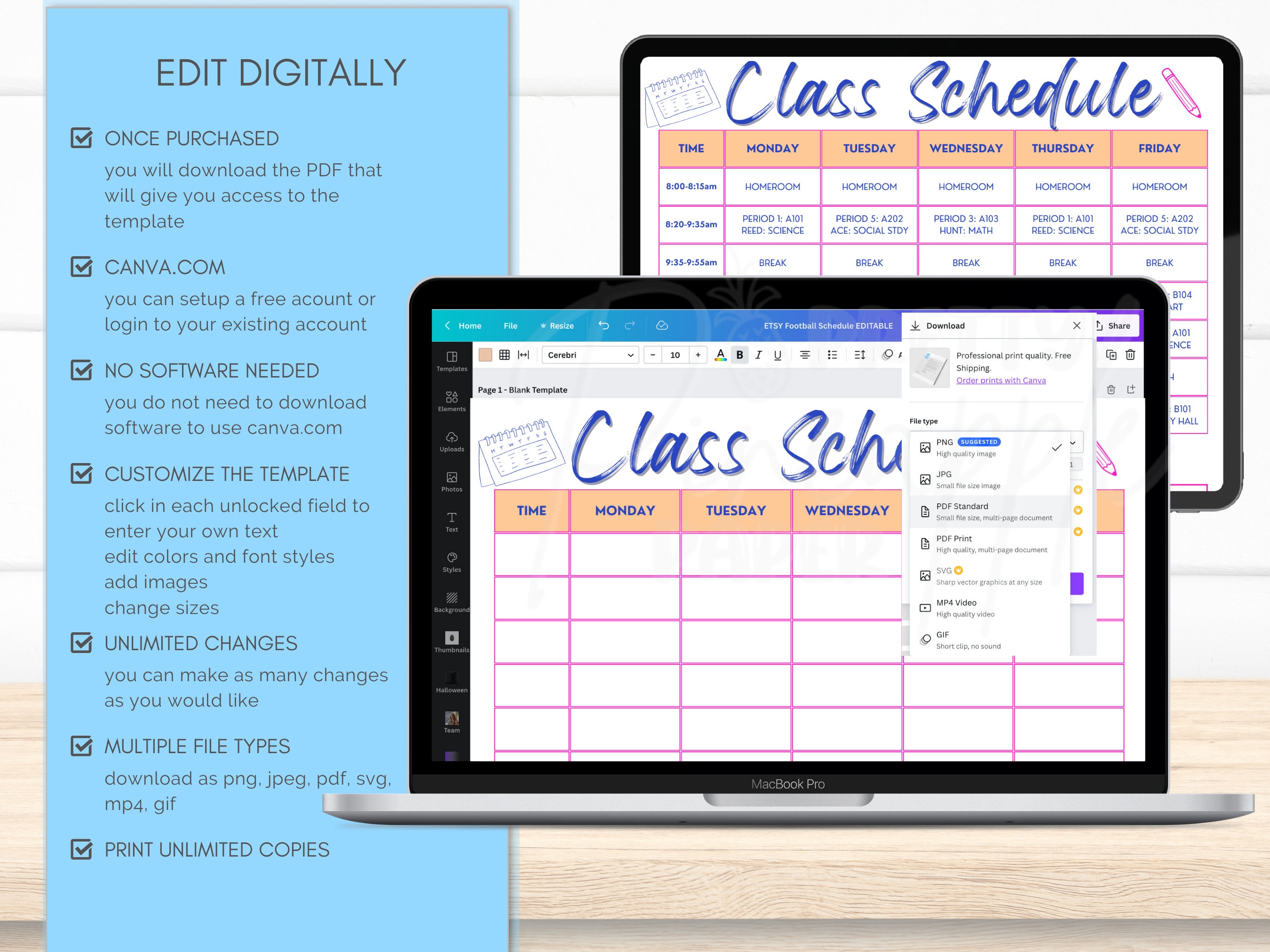 Editable School Class Schedule Planner Template, Instant Digital ...