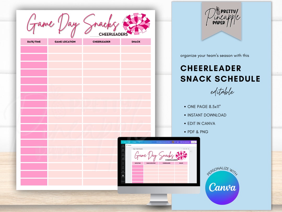 Editable Cheer Game Day Snack Schedule Template Instant - Etsy