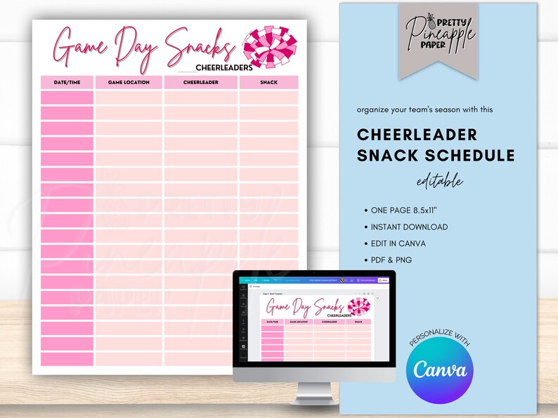 Editable Cheer Game Day Snack Schedule Template Instant - Etsy