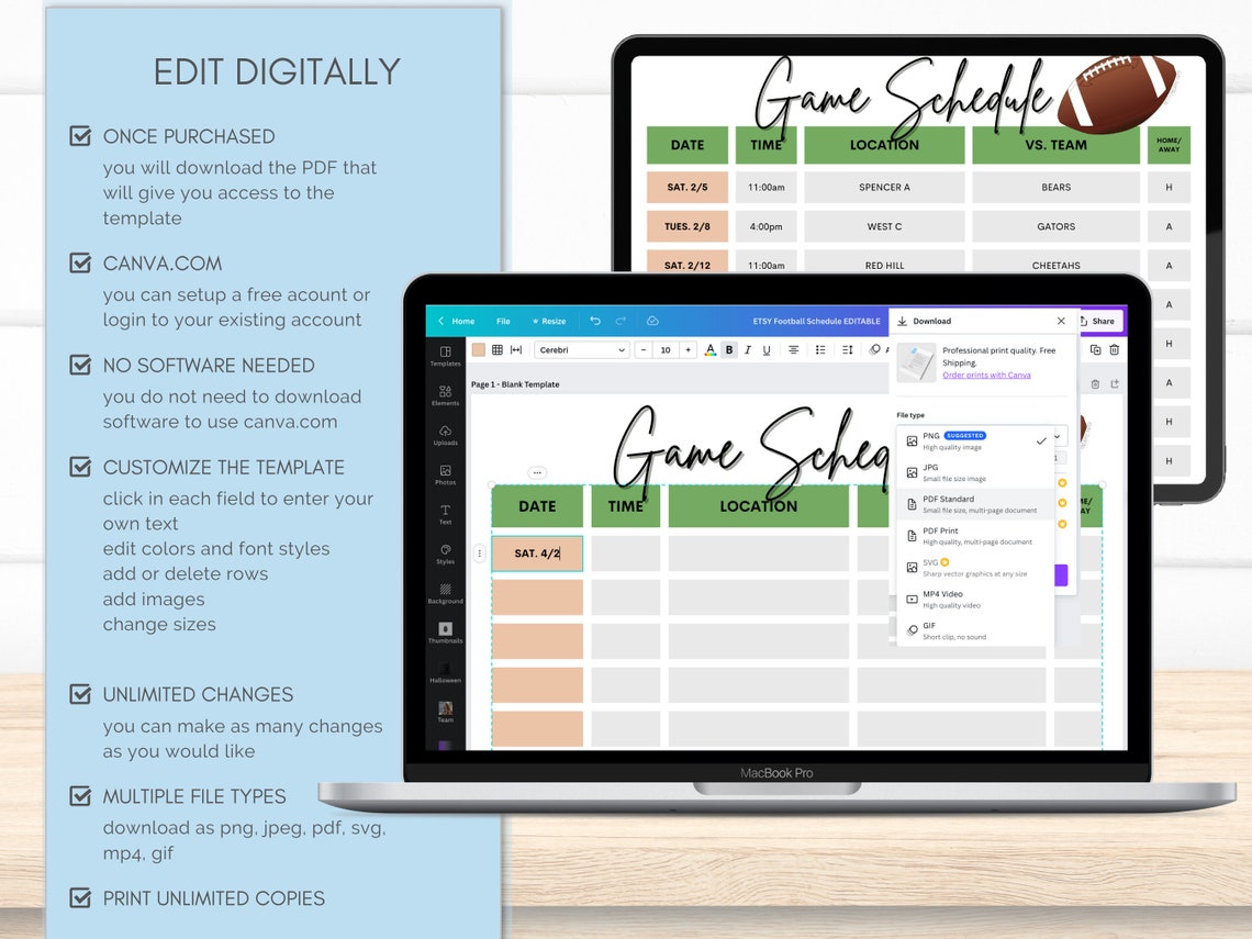 Editable Football Game Schedule Template Instant Download to - Etsy