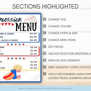 Editable Concession Stand Menu Baseball, Instant Download Canva ...