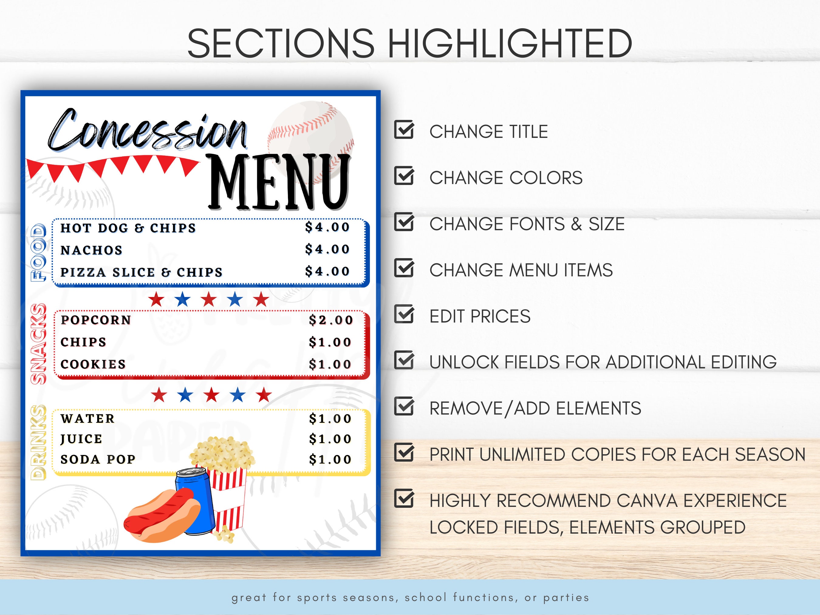Editable Concession Stand Menu Baseball, Instant Download Canva ...