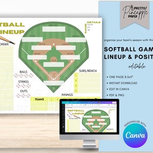 Editable Softball Line up and Field Position Sheet Batting Order Dugout ...