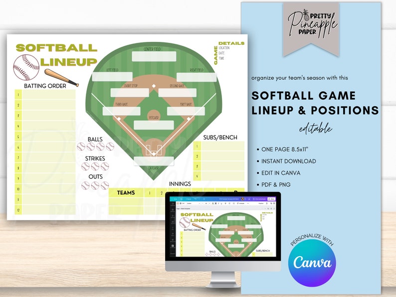 Editable Softball Line up and Field Position Sheet Batting Order Dugout ...