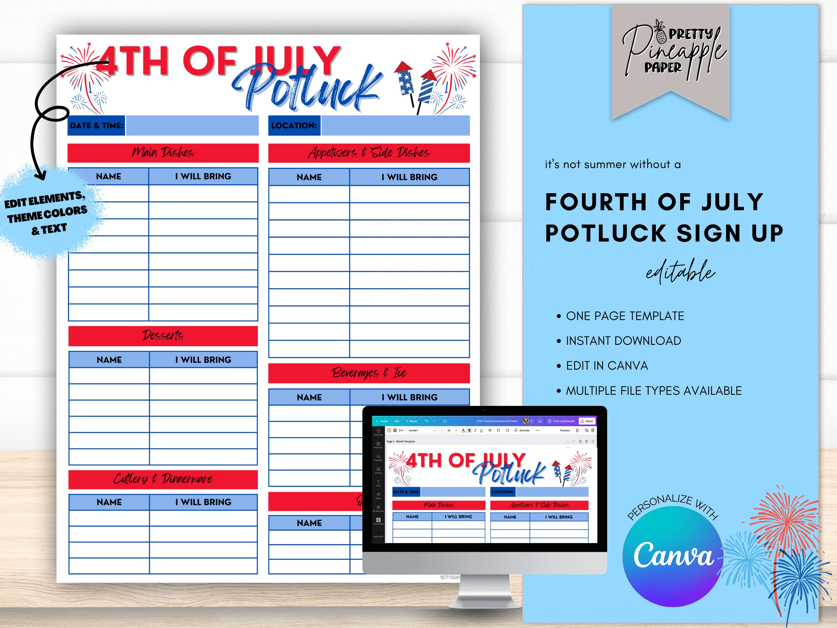 Editable Fourth of July Potluck Party Sign up Sheet, Instant Digital ...