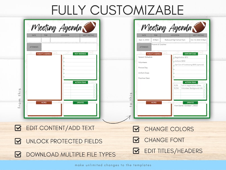 Editable Football Meeting Agenda Template, Team Info Coach Planner ...