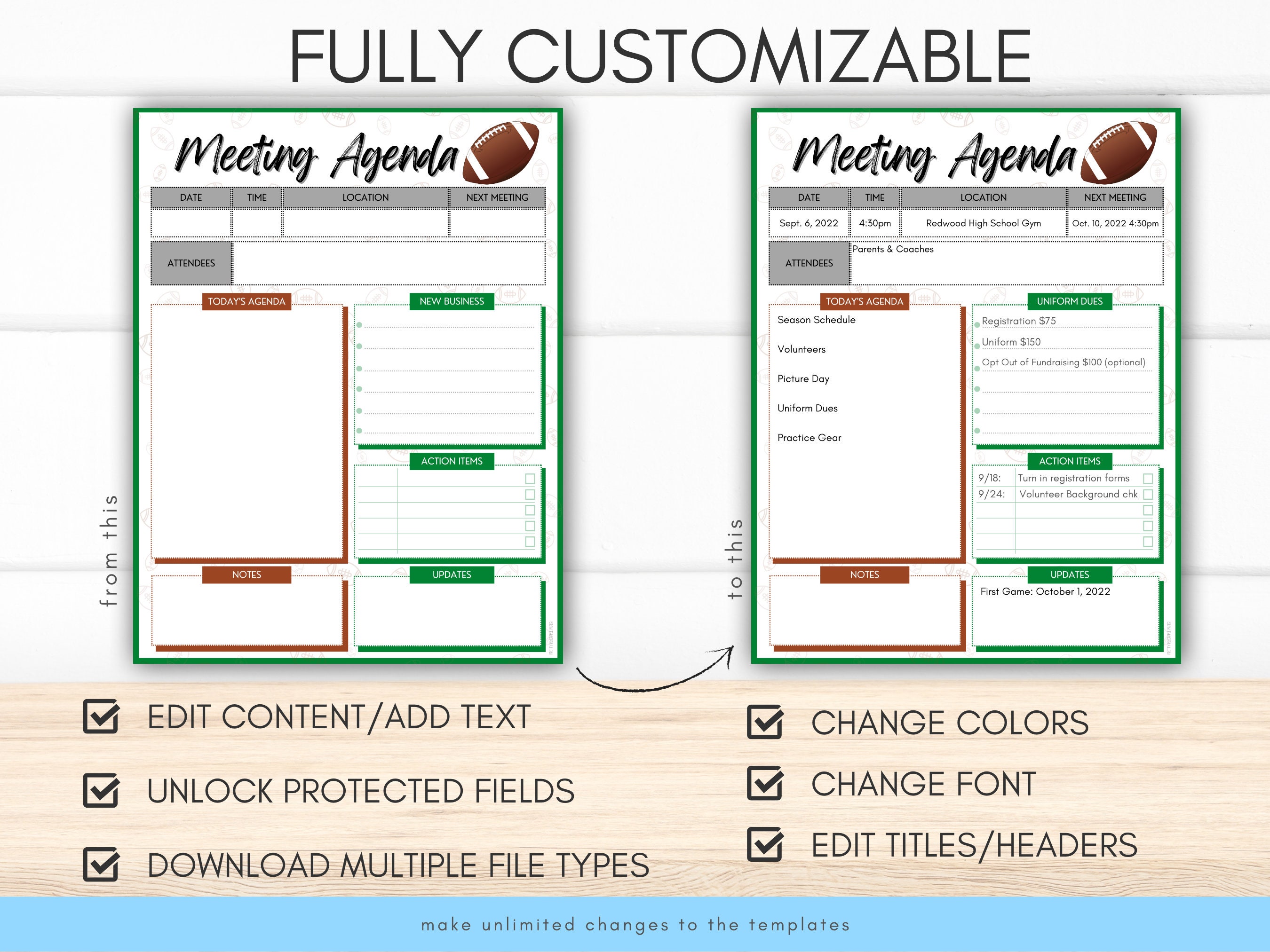 Editable Football Meeting Agenda Template, Team Info Coach Planner ...