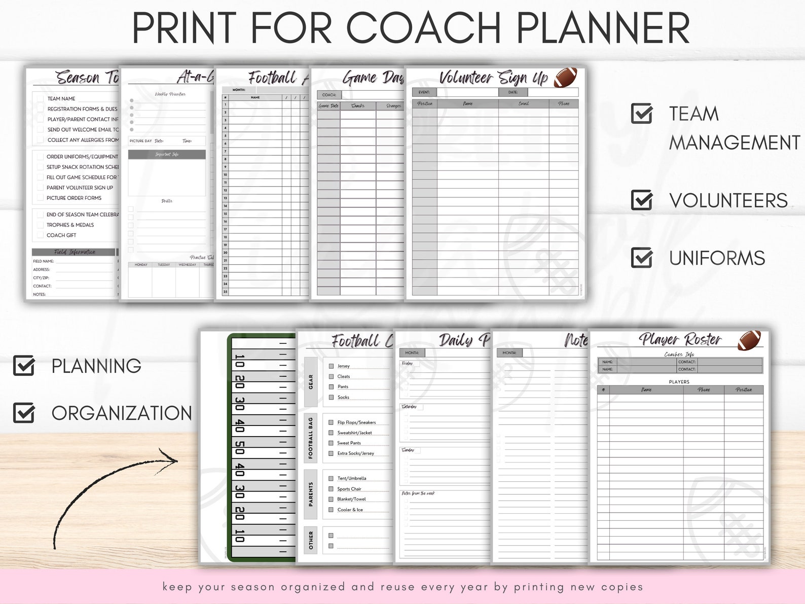 Printable Football Team Management Planner for Coach and Team Mom, Game ...