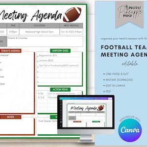 Editable Football Meeting Agenda Template, Team Info Coach Planner ...