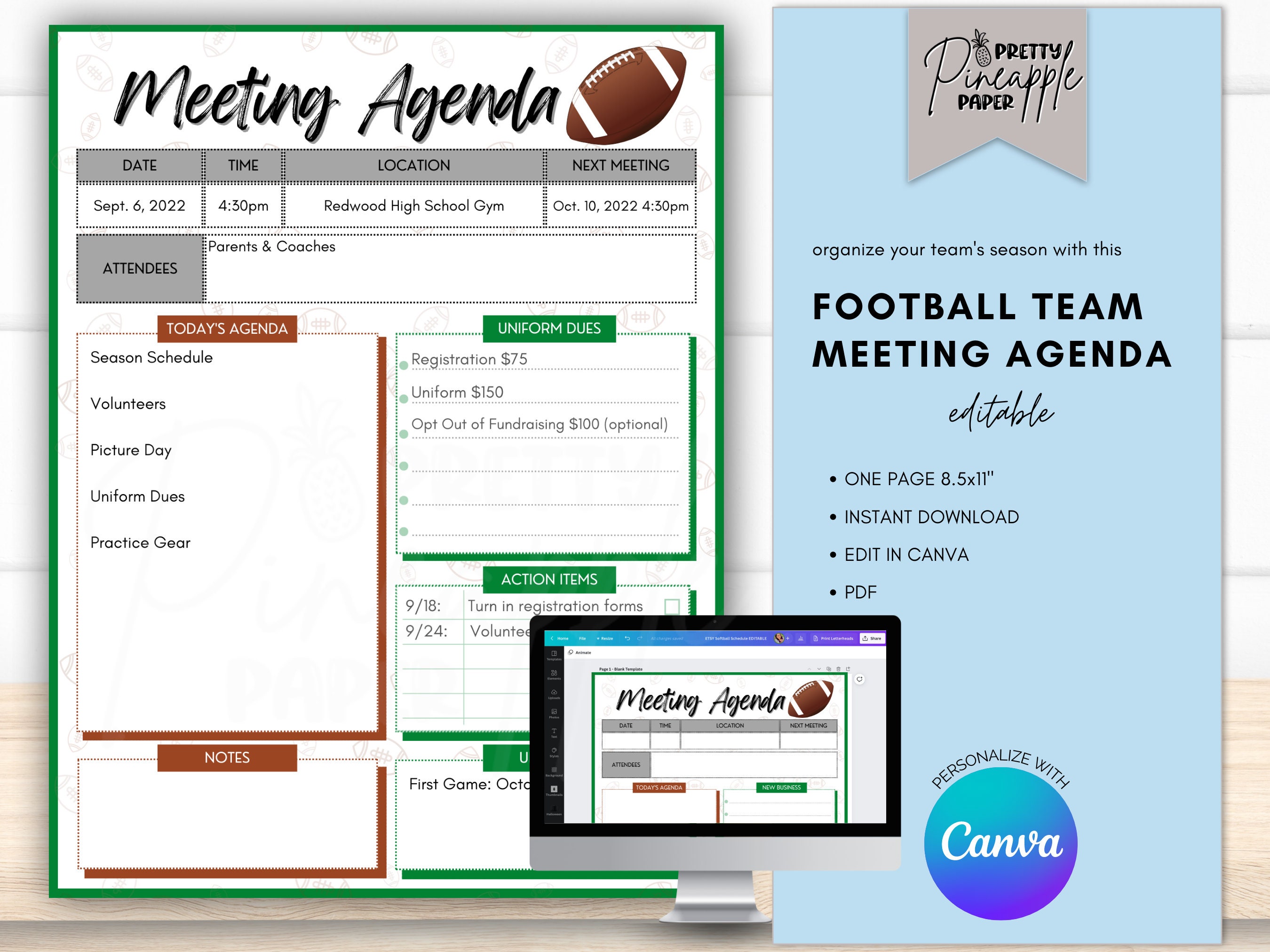 Editable Football Meeting Agenda Template, Team Info Coach Planner ...
