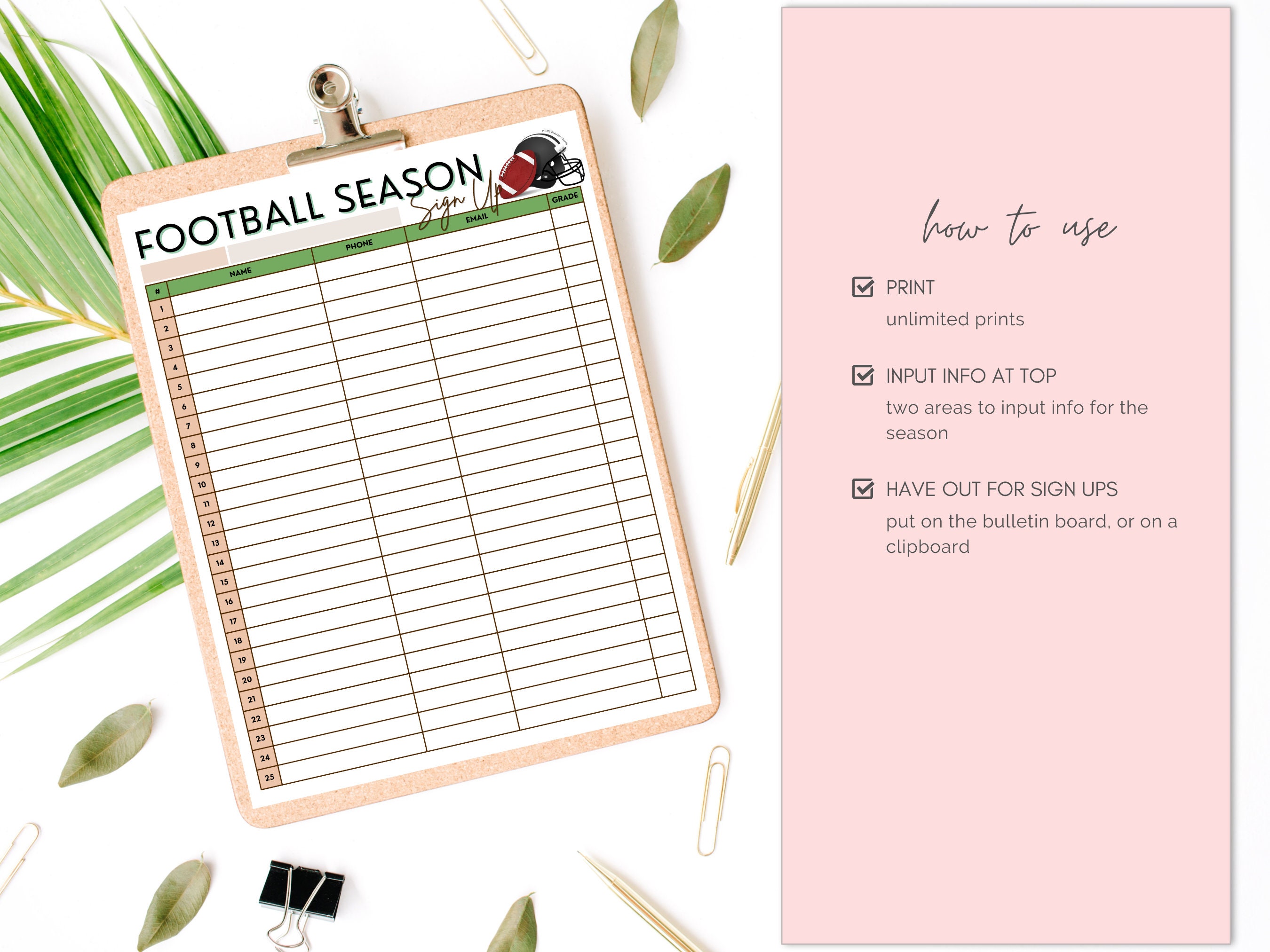 Printable Football Season Sign up Sheet Instant Download Template ...