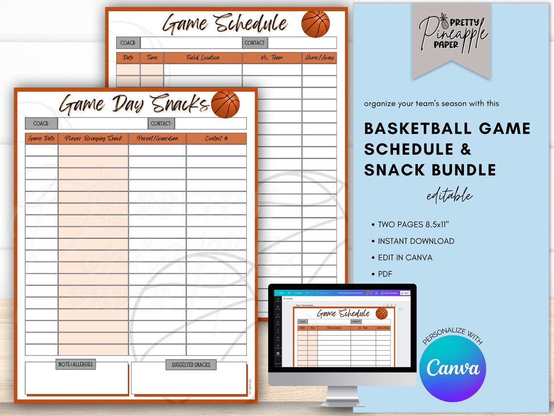 Editable Basketball Snack Sign up & Game Schedule Template Bundle ...