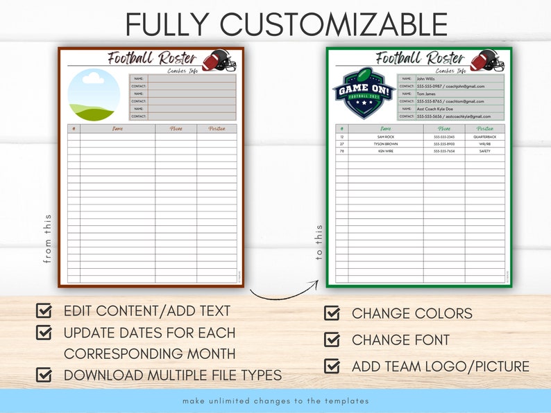 Editable Football Roster Template, Football Team Info, Coach Planner ...