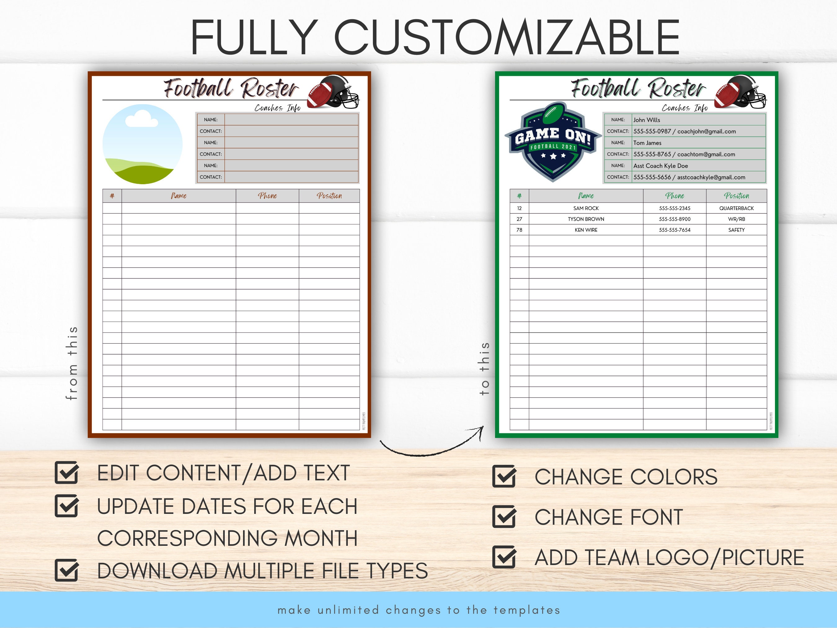 Editable Football Roster Template, Football Team Info, Coach Planner ...