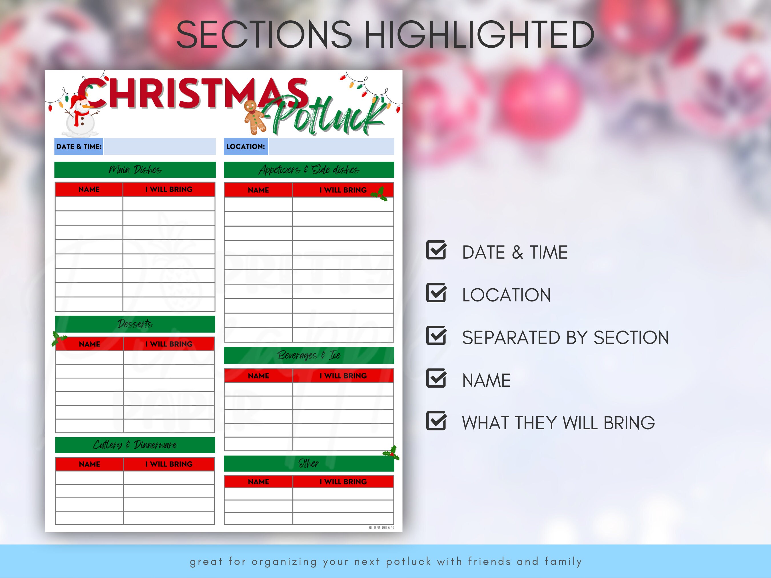 Editable Christmas Potluck Party Sign up Sheet, Instant Digital ...