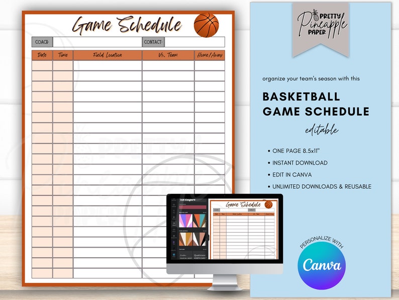 Editable Basketball Game Schedule Template Instant Download to Organize ...