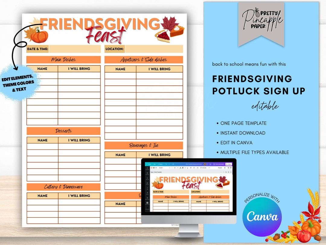 Editable Friendsgiving Feast Party Sign up Sheet, Instant Digital ...
