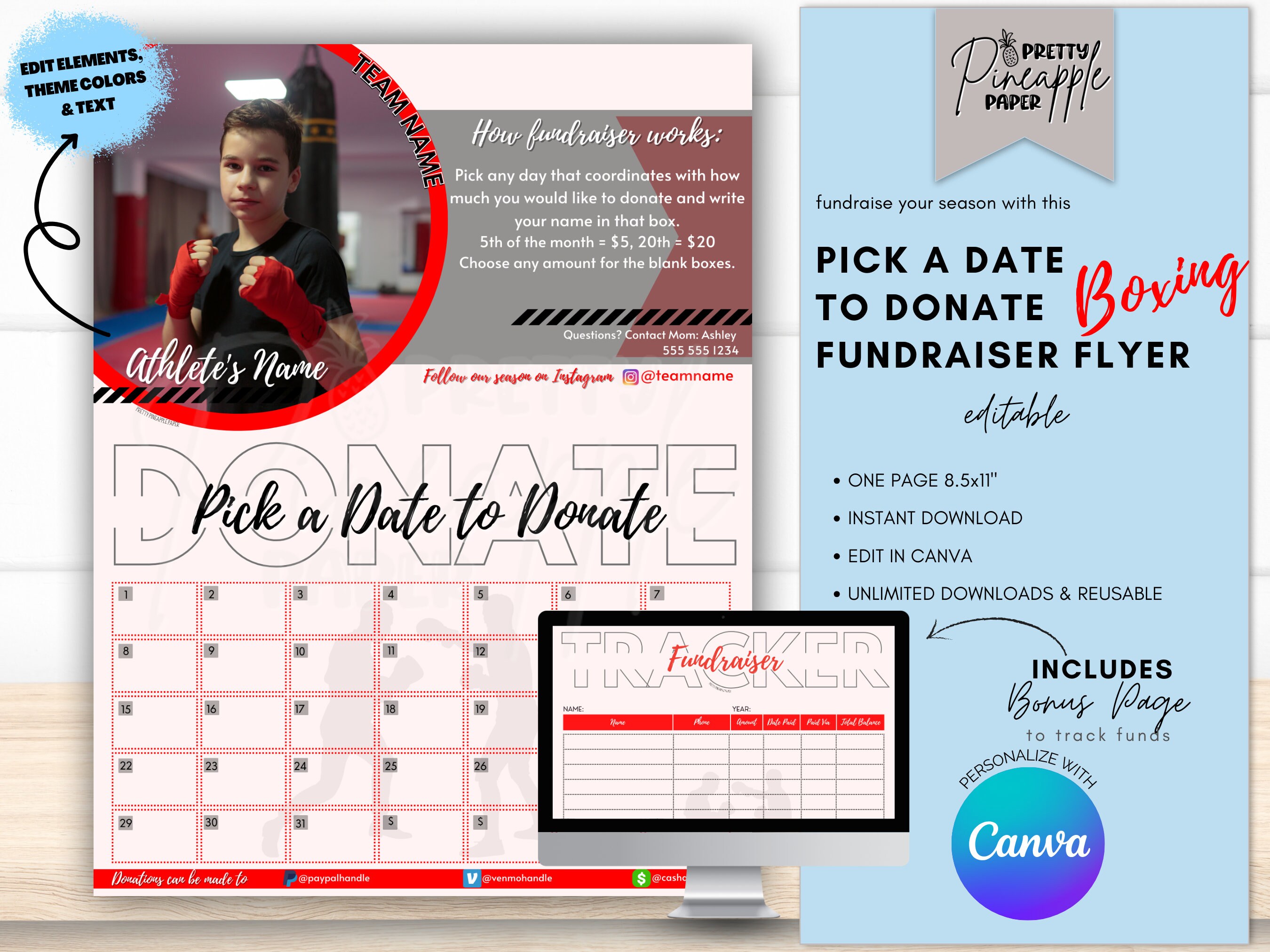 Editable Boxing - Calendar Fundraiser Template, Pick a Date to Donate ...