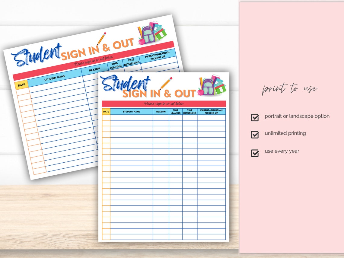 Printable School Student Sign in and Out Sheet, Instant Digital ...