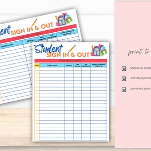 Printable School Student Sign in and Out Sheet, Instant Digital ...