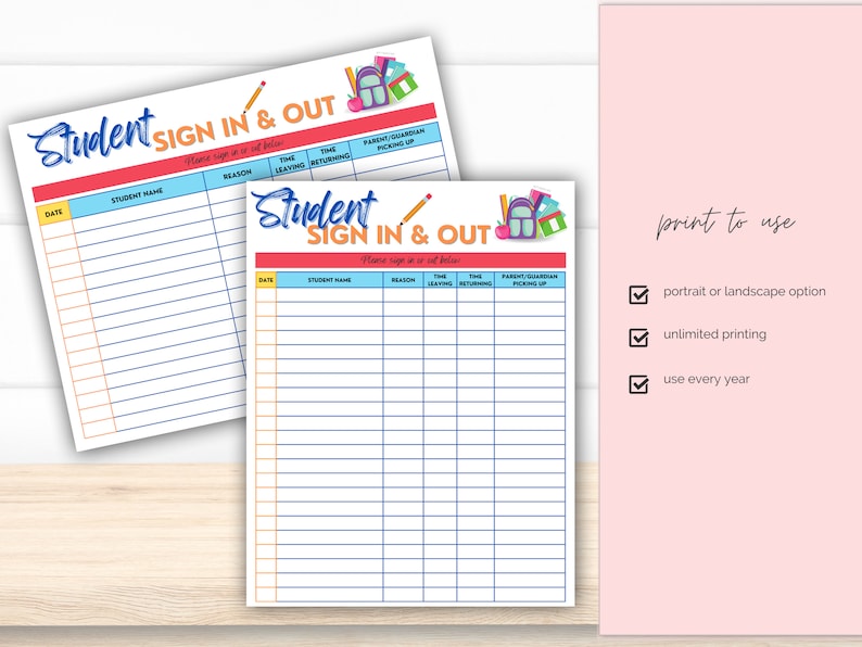 Printable School Student Sign in and Out Sheet, Instant Digital ...