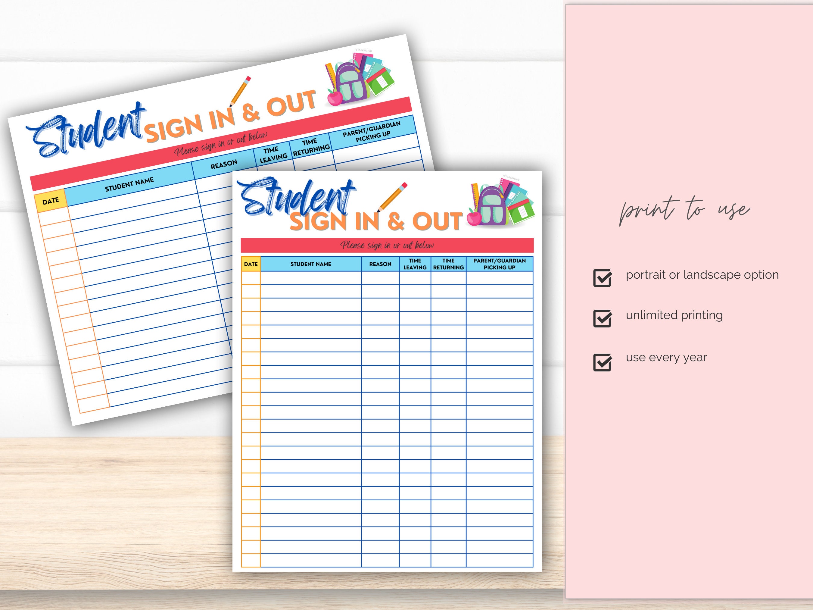 Printable School Student Sign in and Out Sheet, Instant Digital ...