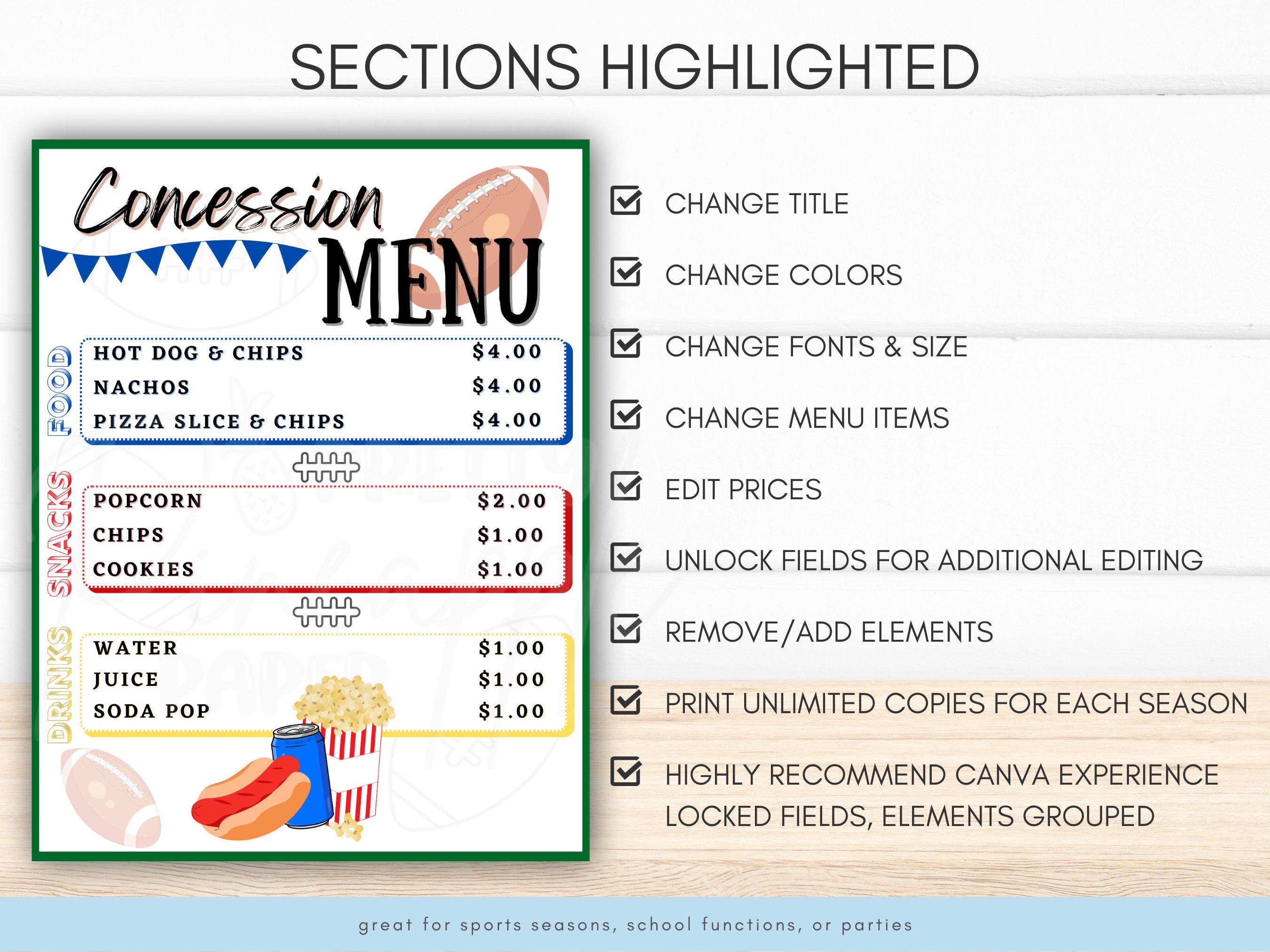 Editable Concession Stand Menu Football, Instant Download Canva ...