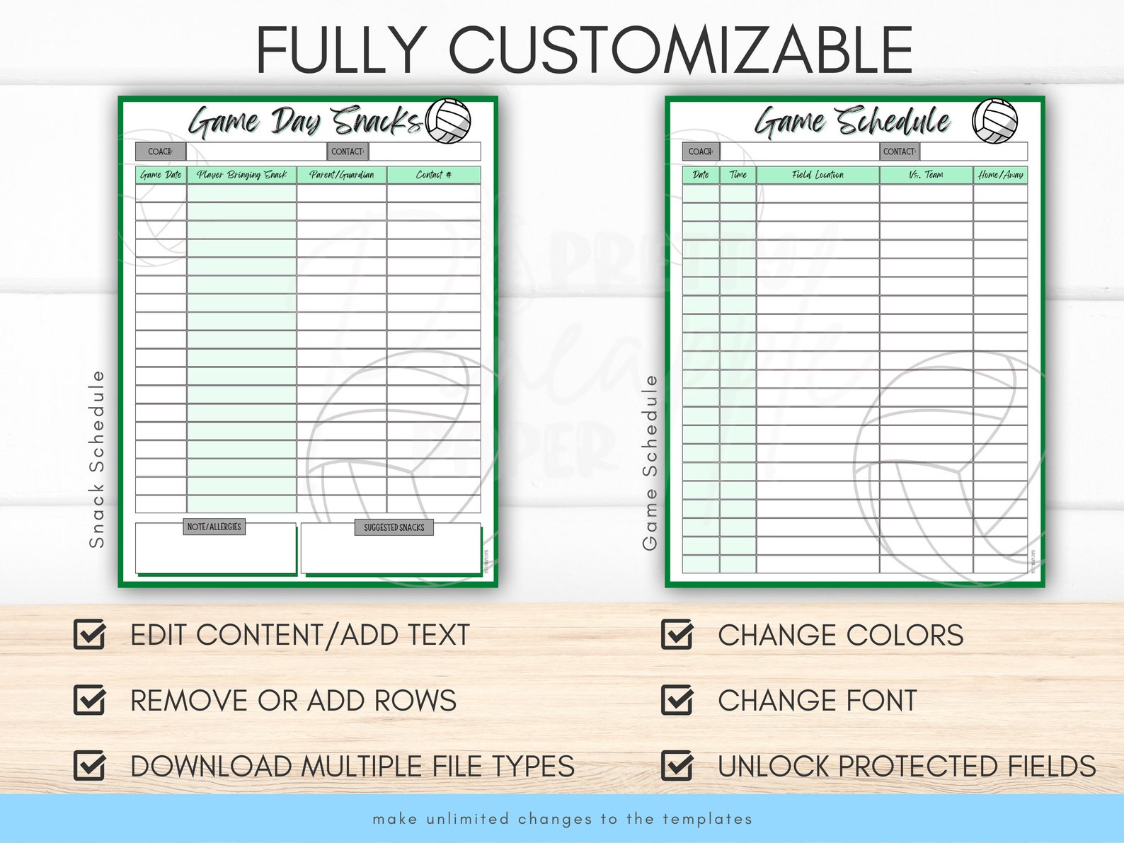 Editable Volleyball Snack Sign up & Game Schedule Template Bundle ...