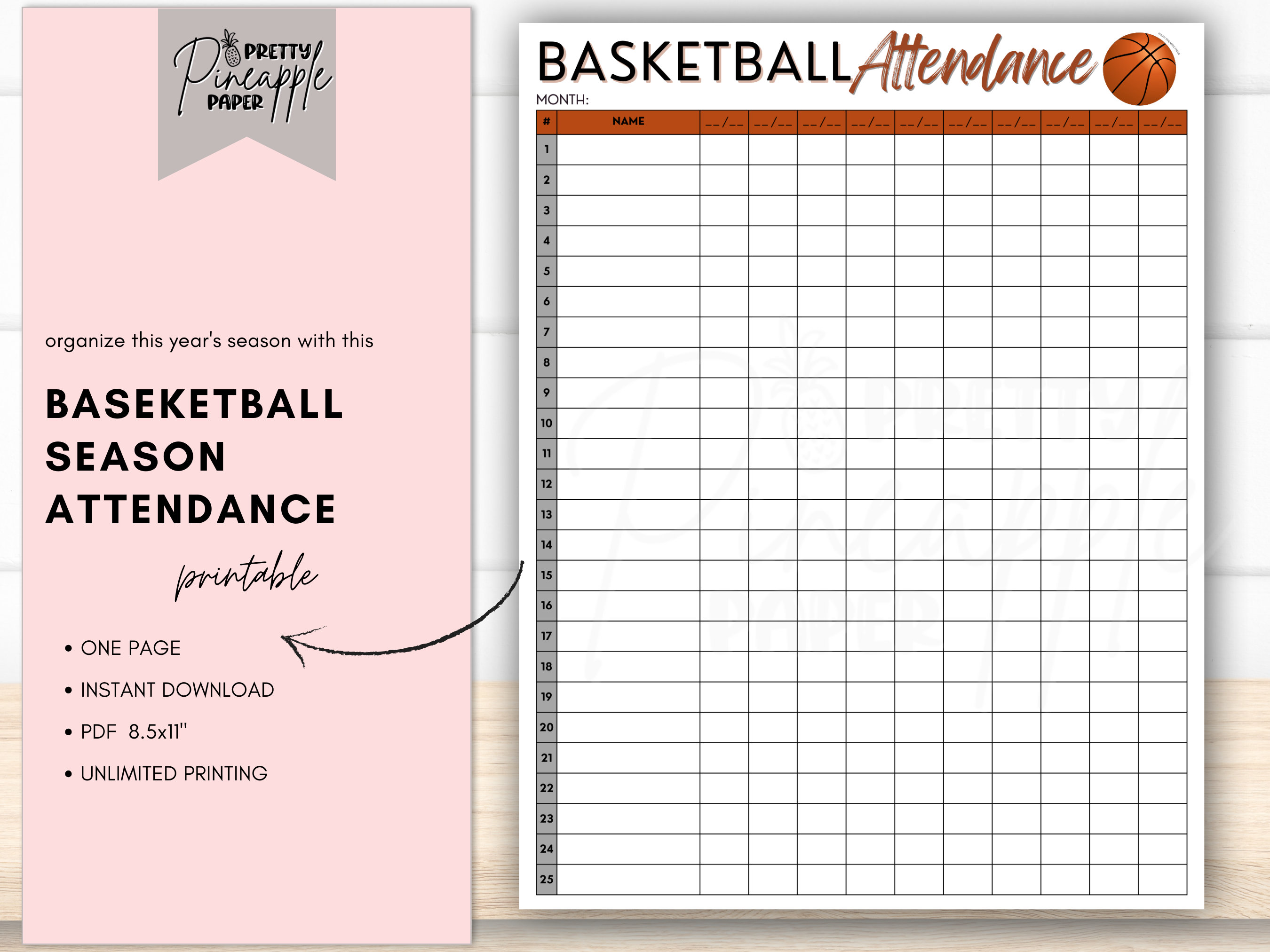 Printable Basketball Season Attendance Sheet Instant Download Template ...