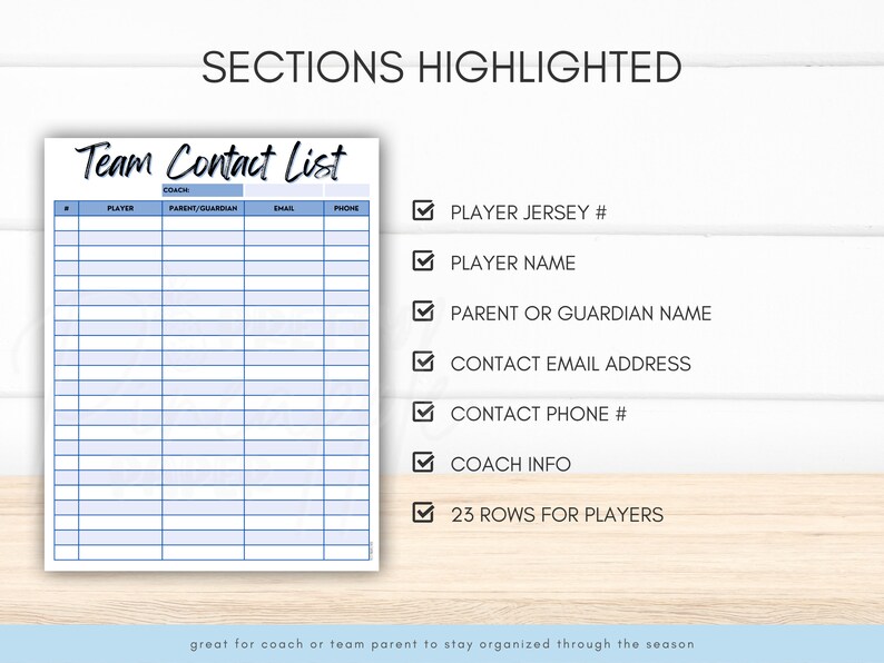 Editable Team Contact List, Instant Download for Coach, Team Mom or Dad ...