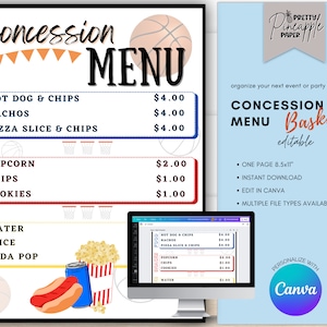 Editable Concession Stand Menu Basketball, Instant Download Canva ...