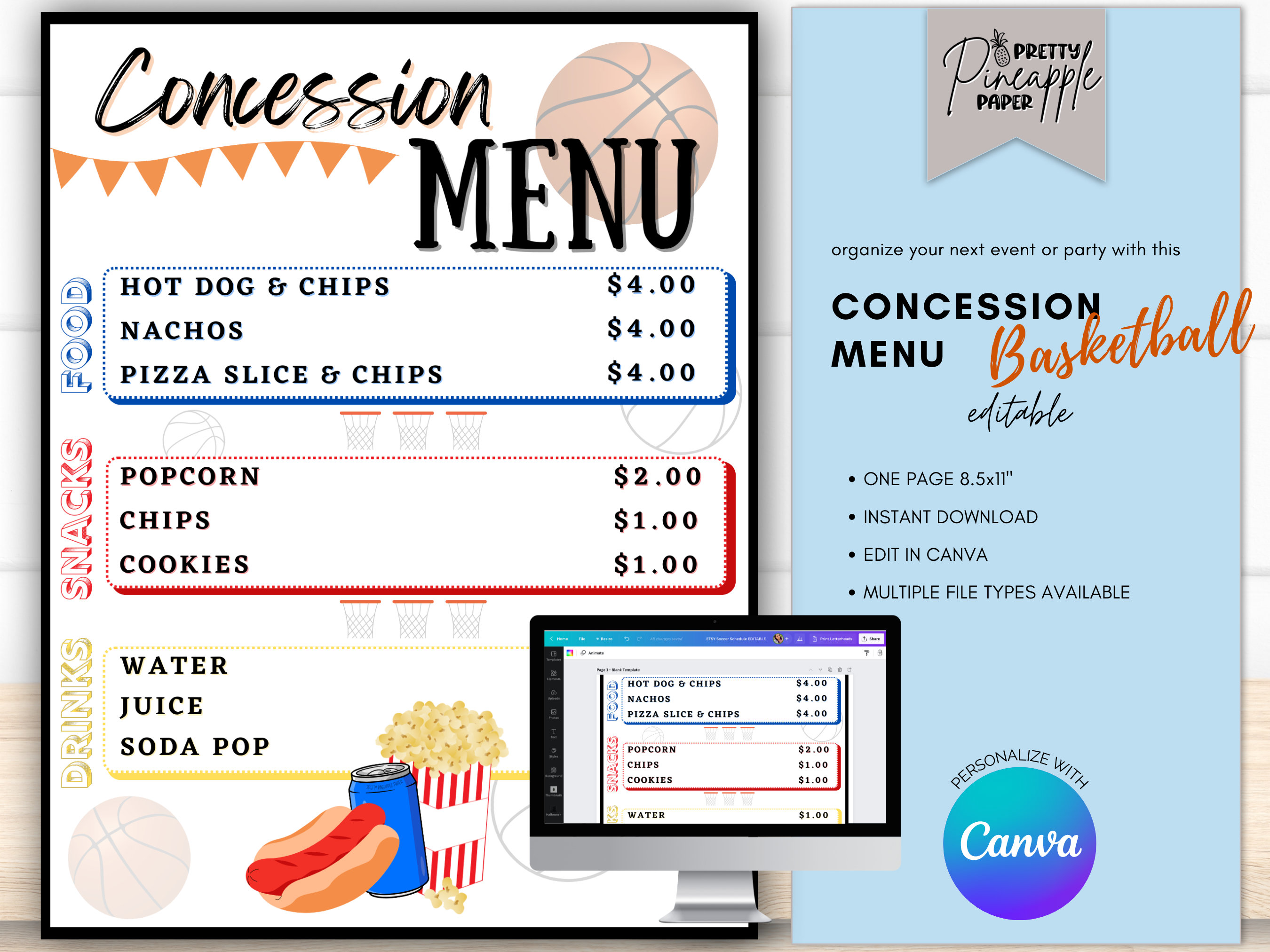 Editable Concession Stand Menu Basketball, Instant Download Canva ...