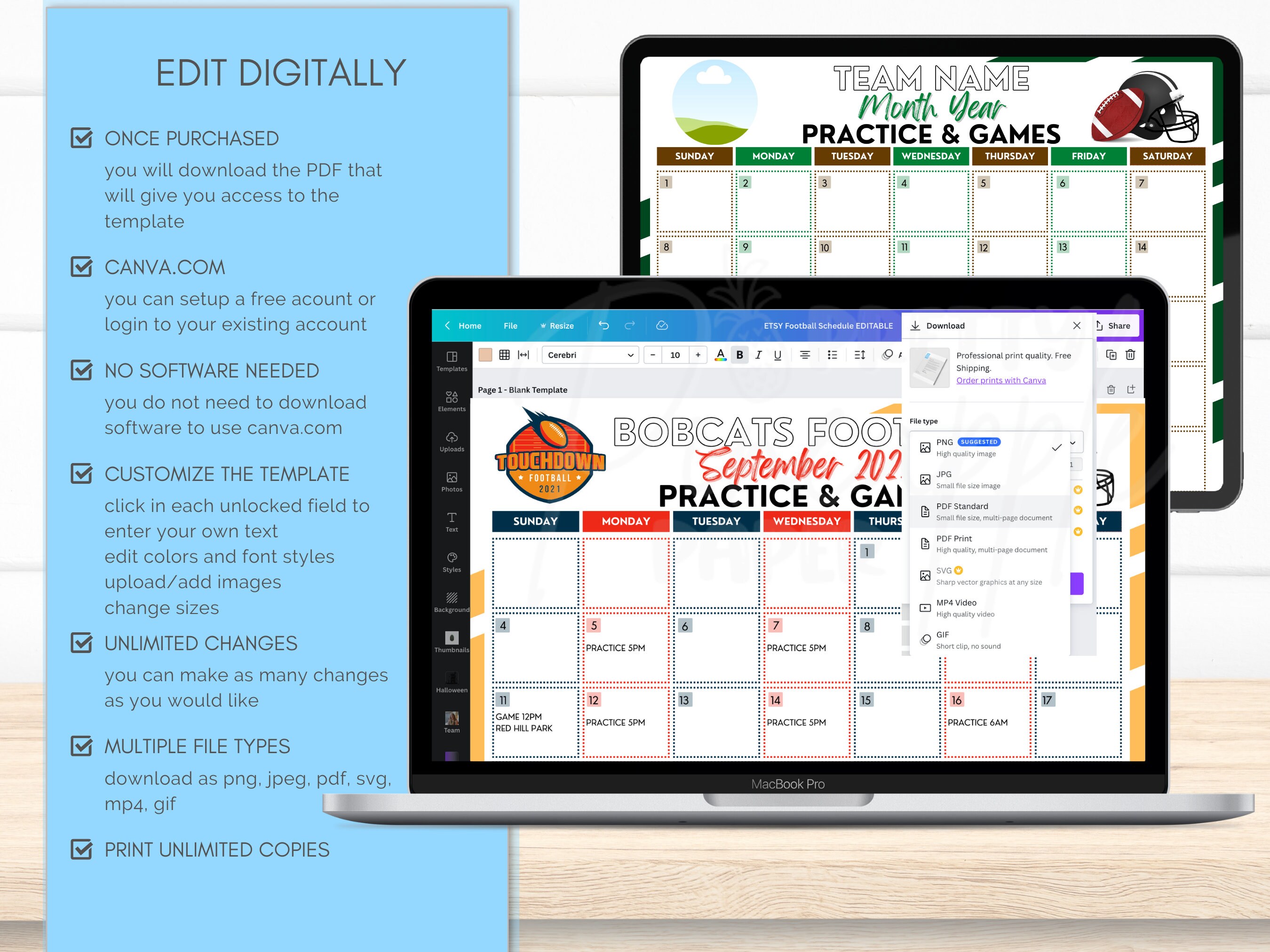 Editable Football Calendar Template, Instant Download Practice and ...