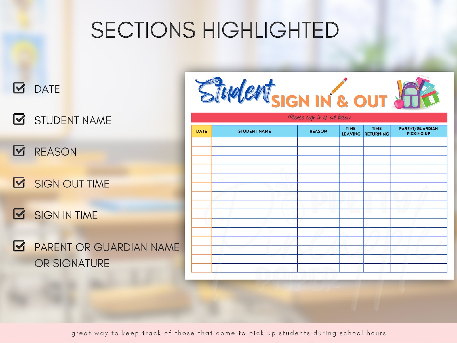 Printable School Student Sign in and Out Sheet, Instant Digital ...