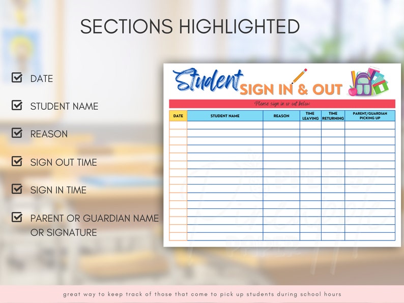 Printable School Student Sign in and Out Sheet, Instant Digital ...